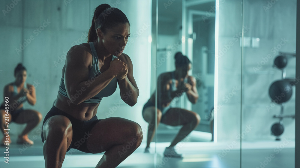 athletic trainer demonstrating a perfect squat form in a sleek ...