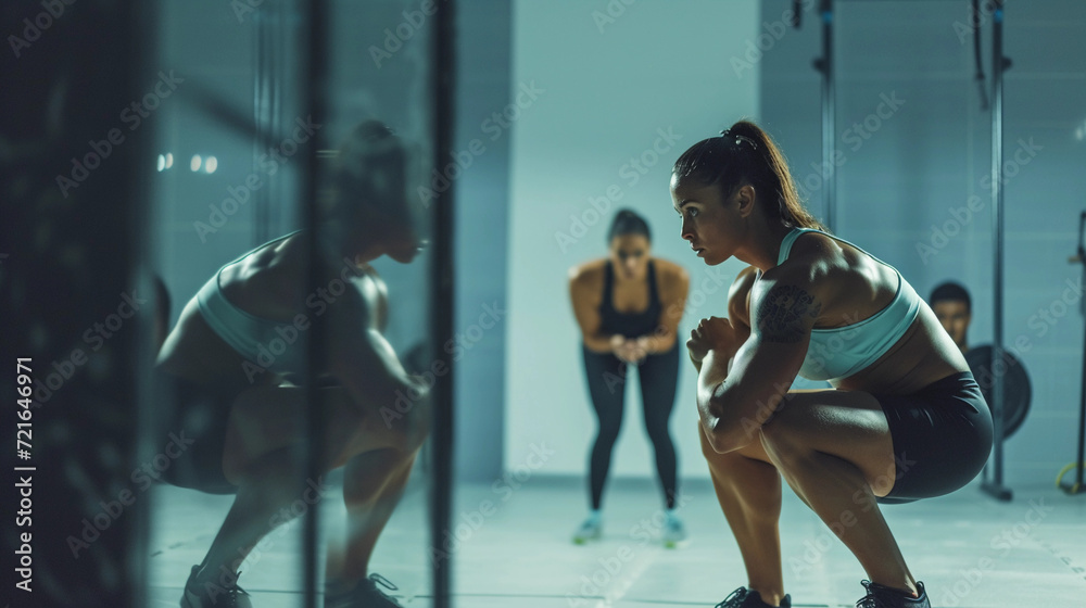 athletic trainer demonstrating a perfect squat form in a sleek ...