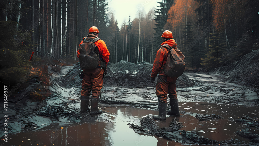 A team of rugged firefighters clad in bright orange gear and protective ...