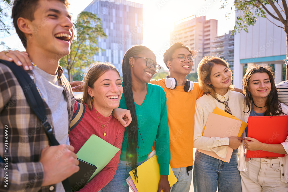Happy young multiracial university students posing together taking a photo. Generation z friends ...