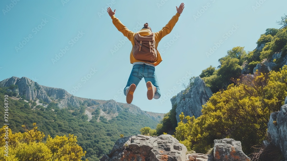 Man rise arms up jumping on the top of the mountain in the forest ...