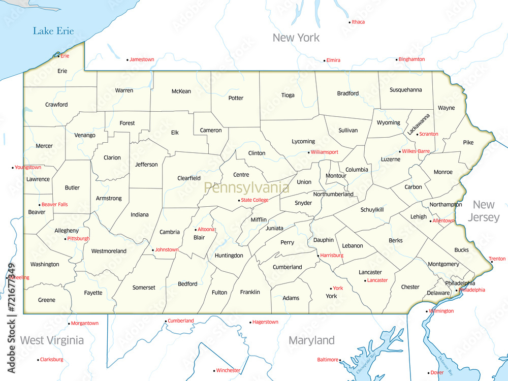 Political map showing the counties of the state of Pennsylvania Stock ...