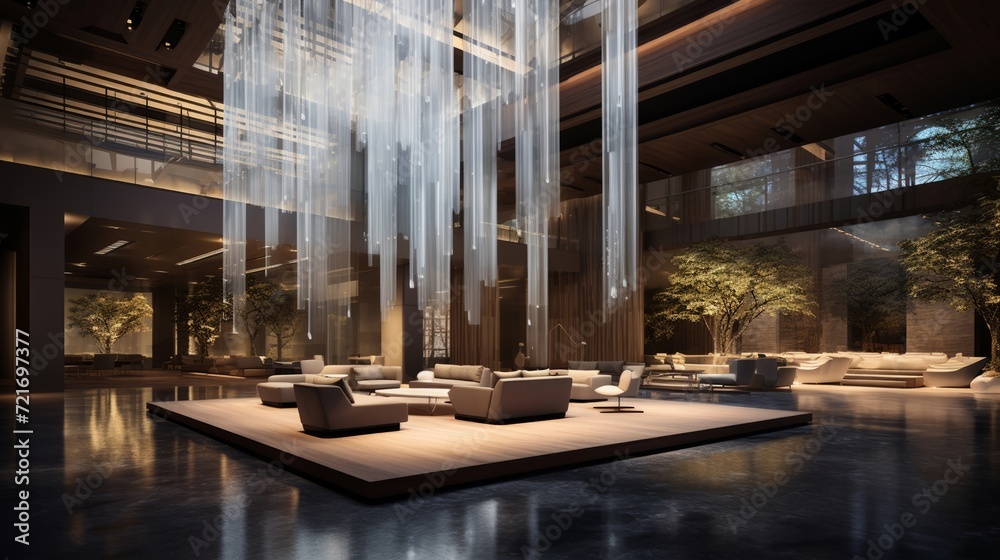 High-tech corporate lobby with minimalist design, interactive light ...