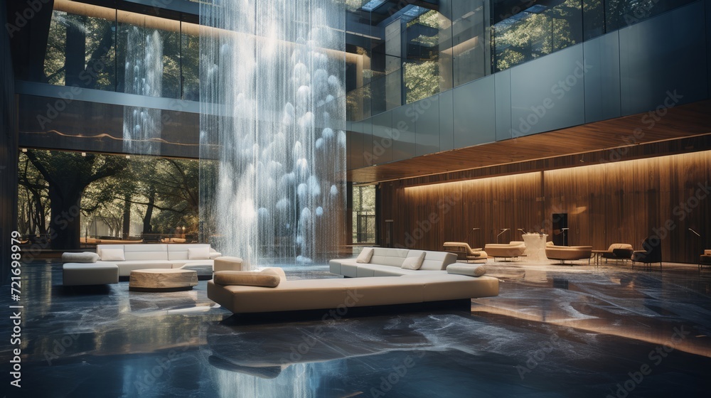 High-tech corporate lobby with minimalist design, interactive light ...