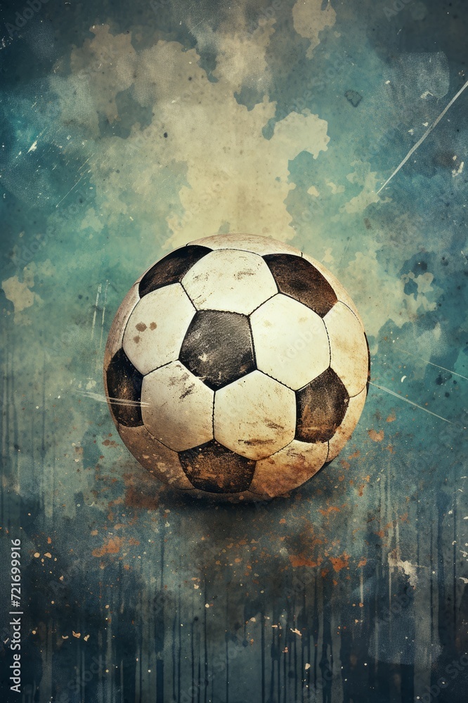 Vintage, retro poster style image of a soccer ball in a net, with ...