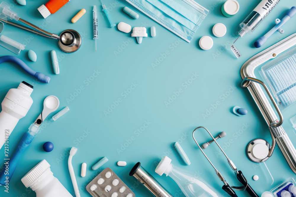 A neatly organized array of medical supplies, including syringes, pills ...