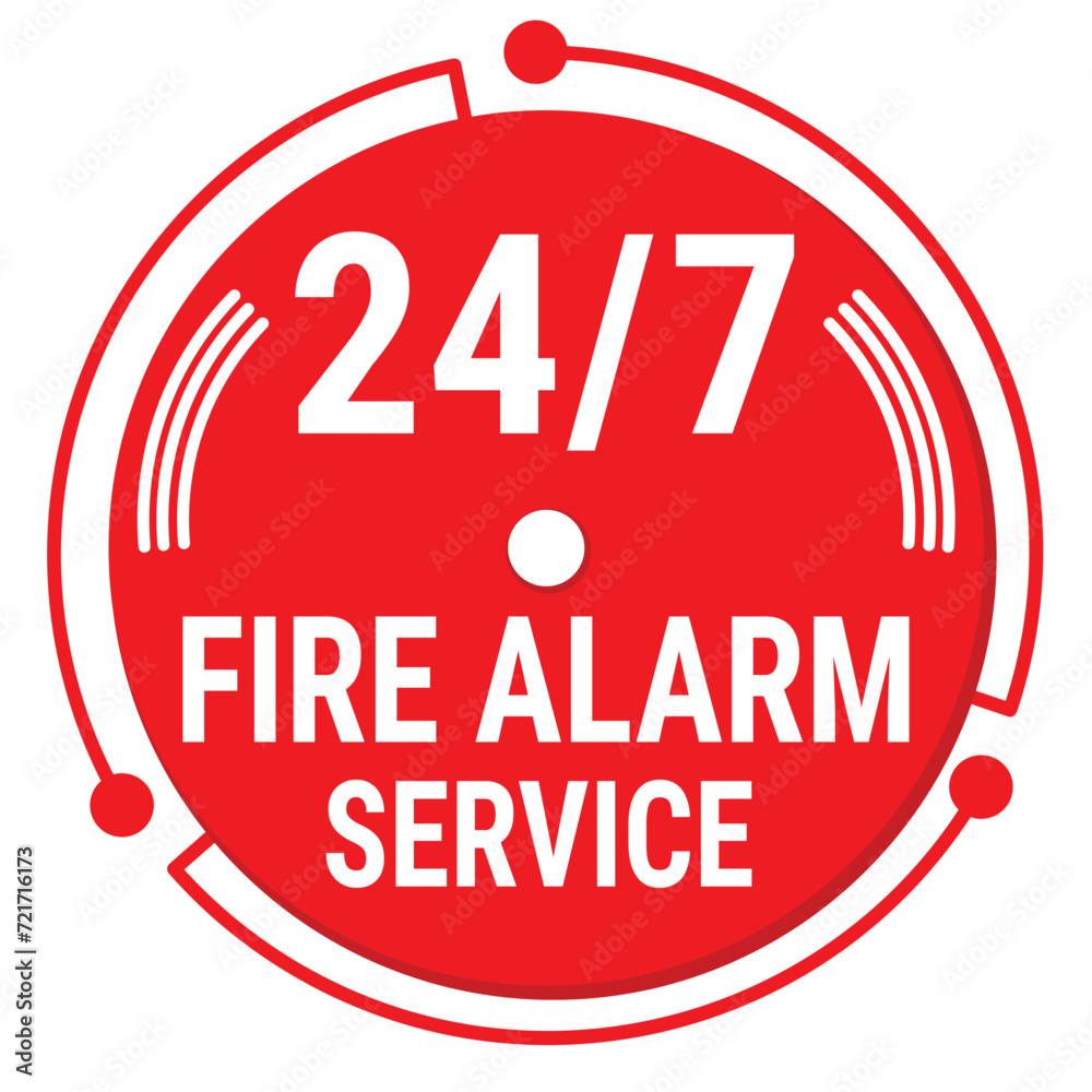 24/7 fire alarm service badge icon. Red round circle with alarm bell ...
