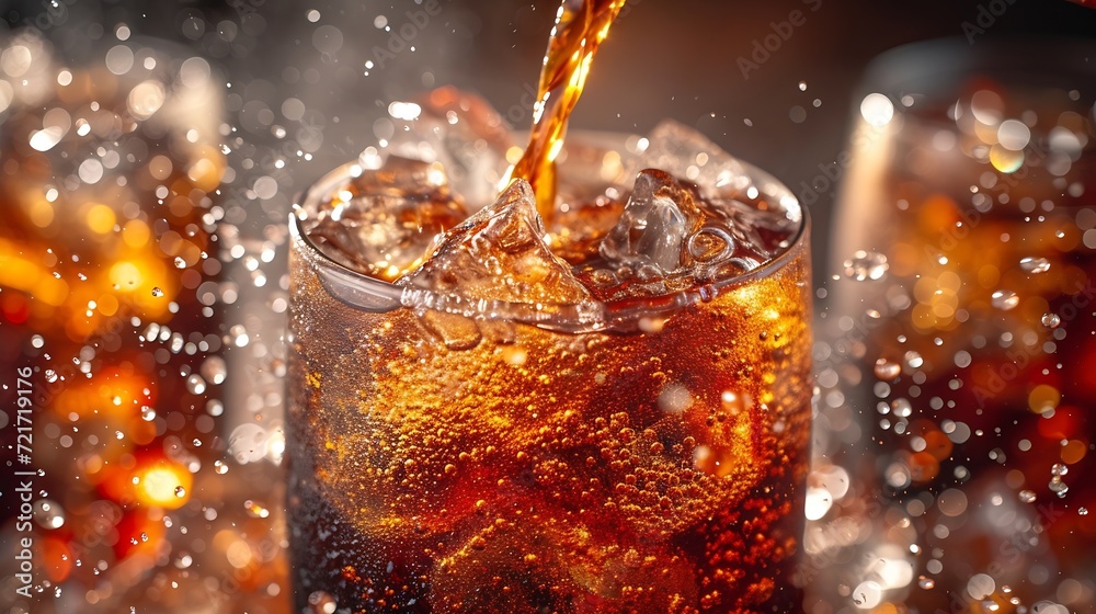 Generative AI : Pouring cola soda with ice and bubble on front view ...