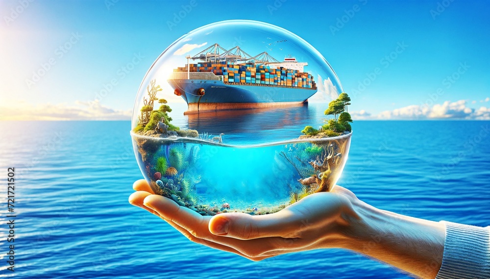 Hand Holding Marine Ecosystem and Cargo Ship Globe :A hand presents a ...