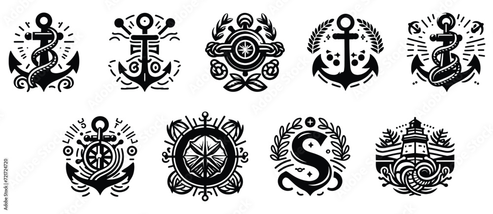 Vintage Maritime Symbols Collection - Anchors and Wheels Stock Vector ...