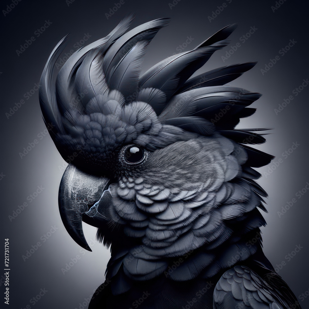 Grey parrot with crest, Dark parrot, Palm cockatoo, Probosciger ...