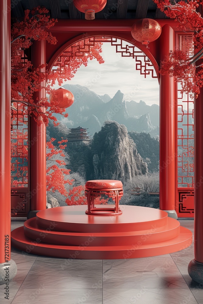 podium with Chinese background, mockup display stand for product ...