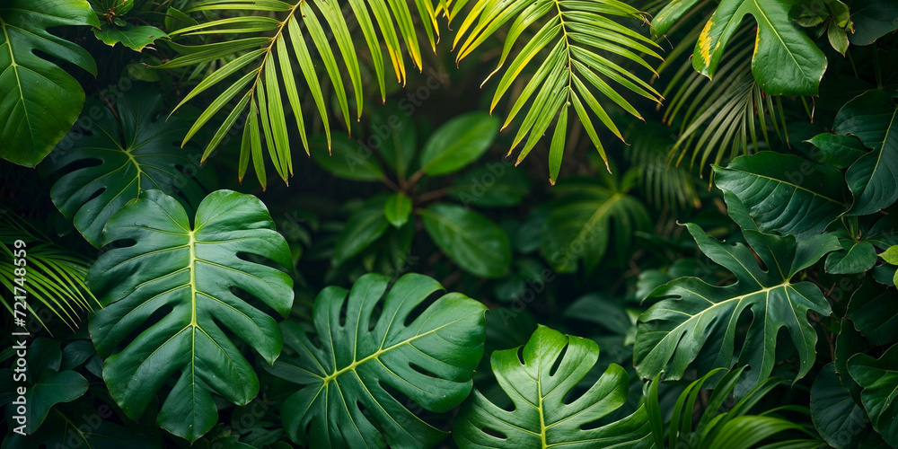 Botanical palm, big leafy monstera leaves tropical plants backdrop ...