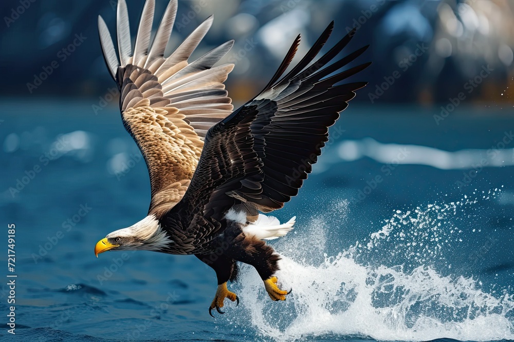 Beautiful Stellers Sea Eagle Flying By Flaps The Wings With Splash Of ...