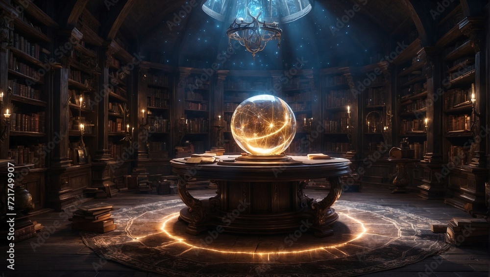 A wizard's library with floating books and a glowing orb on the central ...