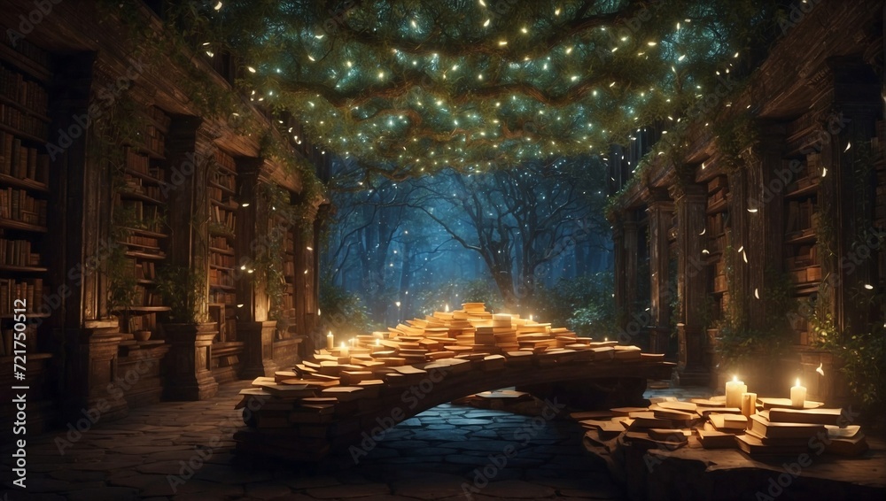 An ancient library where books float and glow with magic, hidden deep ...