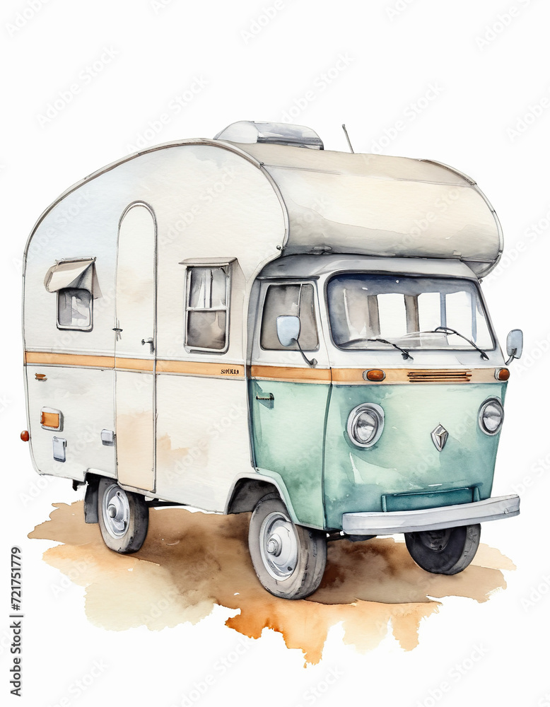 watercolor drawing. Caravan isolated over white background with ...