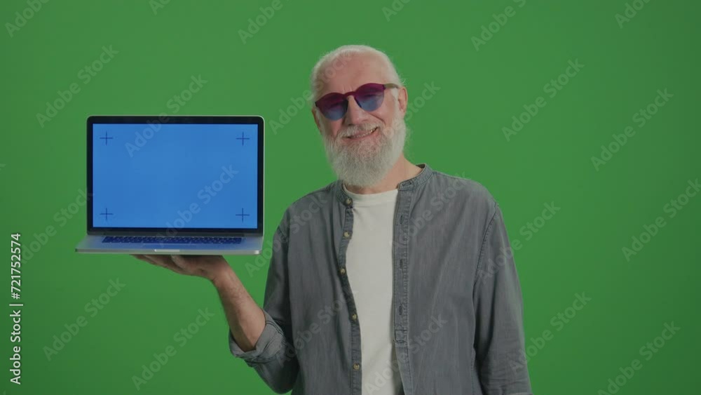 Green Screen.Portrait of an Old Man in the Funny Glasses with a Laptop ...