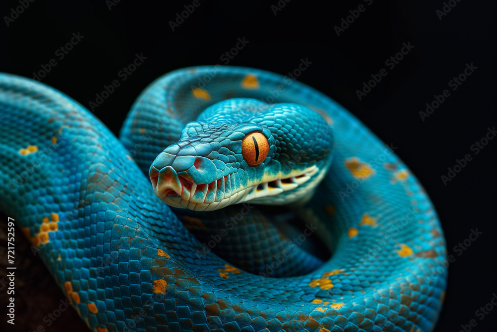 Blue viper snake closeup face, venomous reptile with striking scales ...