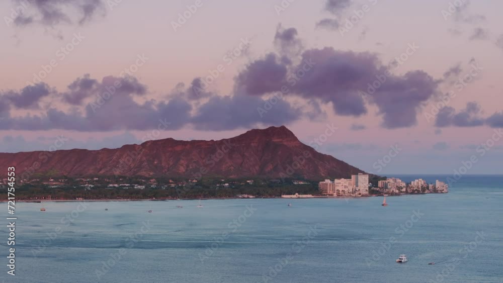 Scenic volcano Diamond Head in beautiful scenic pink sunset, purple ...