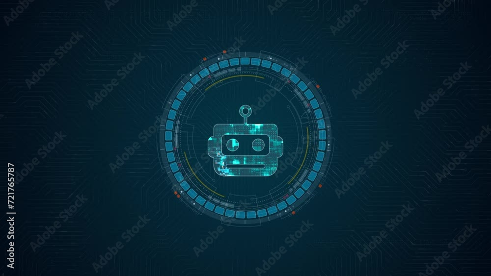 Motion graphic of Blue digital robot head logo and circle futuristic HUD elements with Ai ...