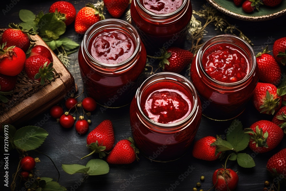 Homemade strawberry jam is delicious, hygienic, in a special jam bottle ...