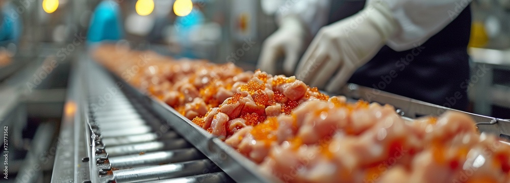 Modern poultry factories use chain conveyors to suspend chickens for ...