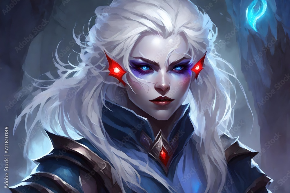 Female drow elf warlock with very blue skin and wavy white hair, one red eye and one purple eye ...