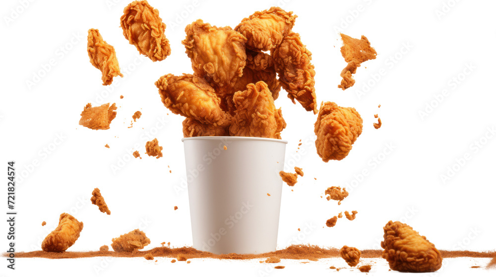 Fried chicken flying out of paper bucket isolated on transparent and ...