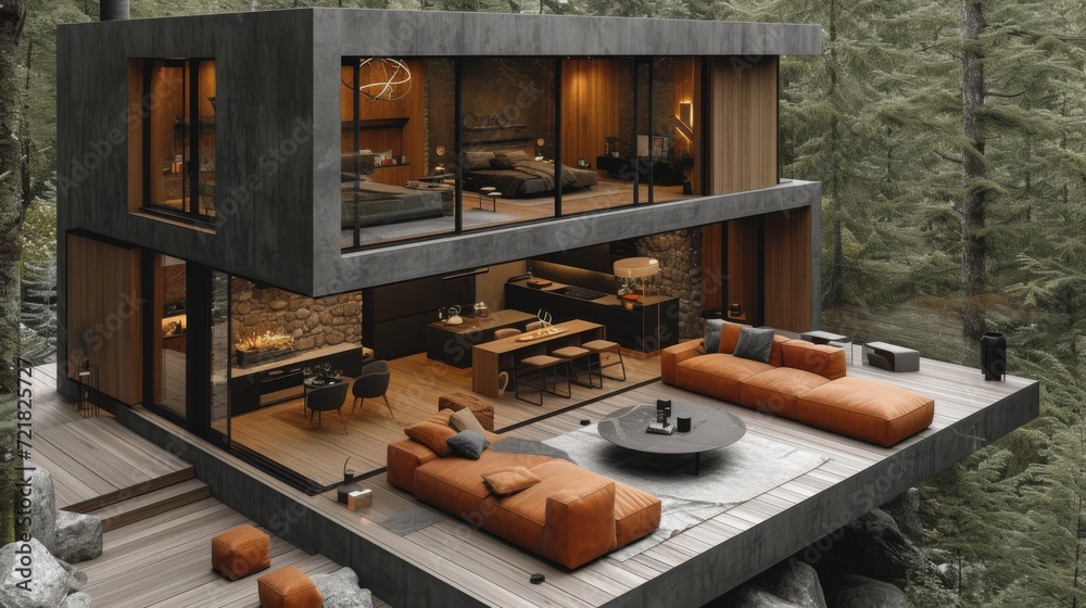 Maison moderne à deux étages offrant une vue imprenable sur la forêt ...