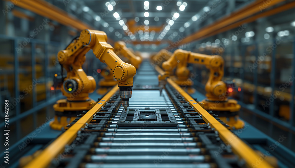 Automated robotic arms creating sparks while precision welding a car ...