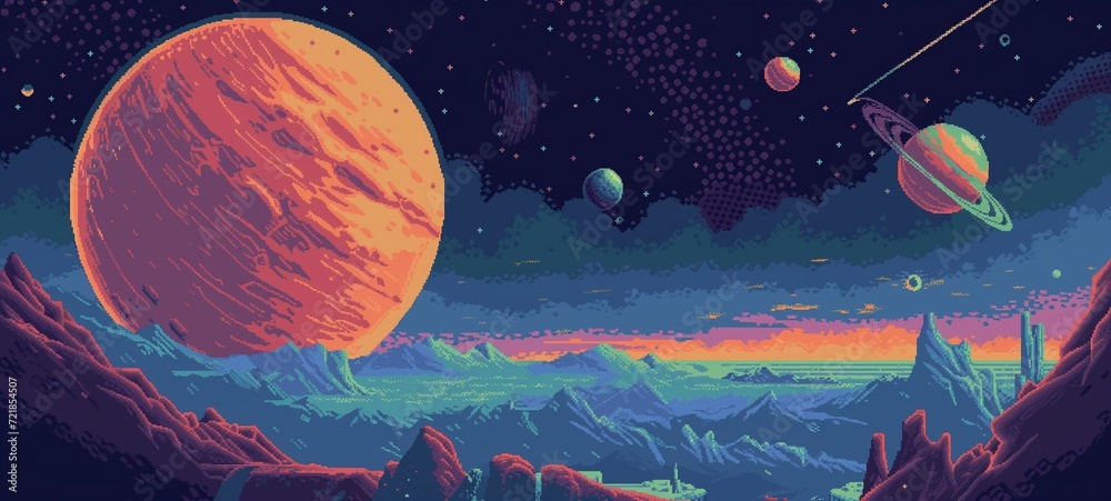 Pixel art of a breathtaking extraterrestrial landscape with a giant ...