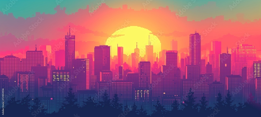 Pixel art skyline with a radiant sun setting amidst skyscrapers ...