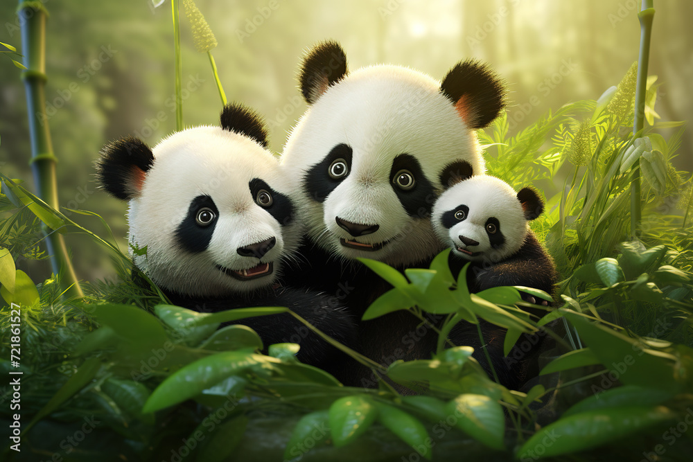 Panda bear family enjoying bamboo feast in the bamboo forest ...