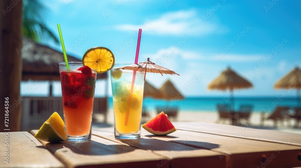 Bar counter on the beach. Glasses with cocktails lie on the table ...