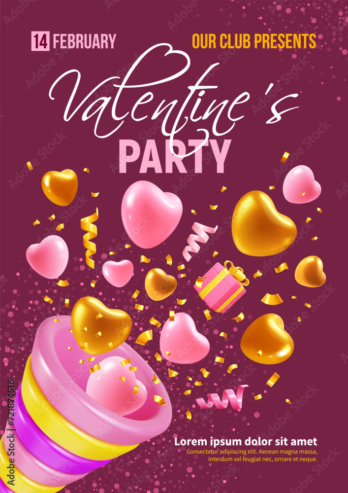 Happy Valentine's Day party poster template. 3d realistic party popper, hearts, confetti and ...