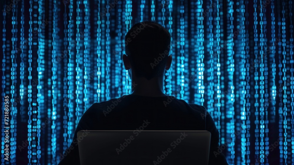 Man Programmer Hacker Silhouette Guy With Laptop And Binary Code Background With Programmer
