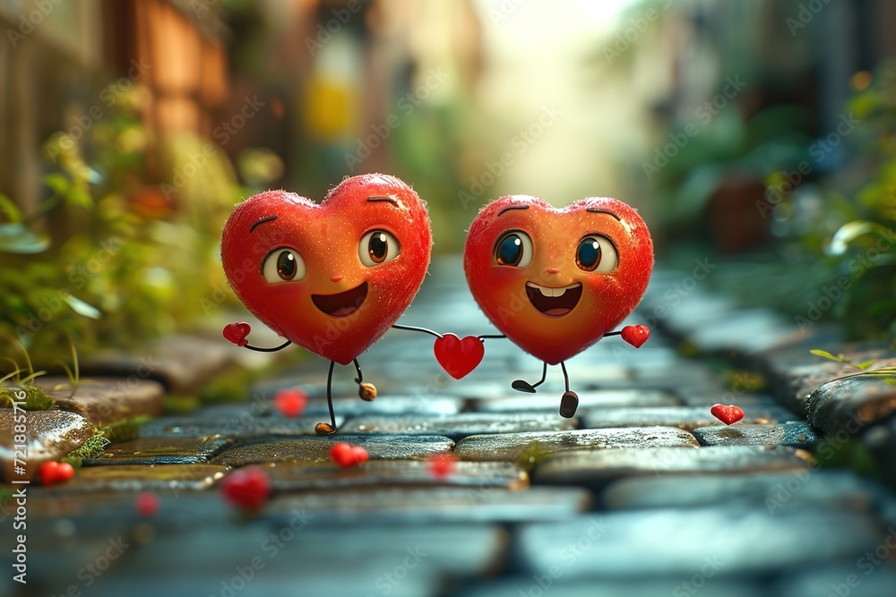 Cartoon illustration of hearts playing a game of leapfrog with animated ...