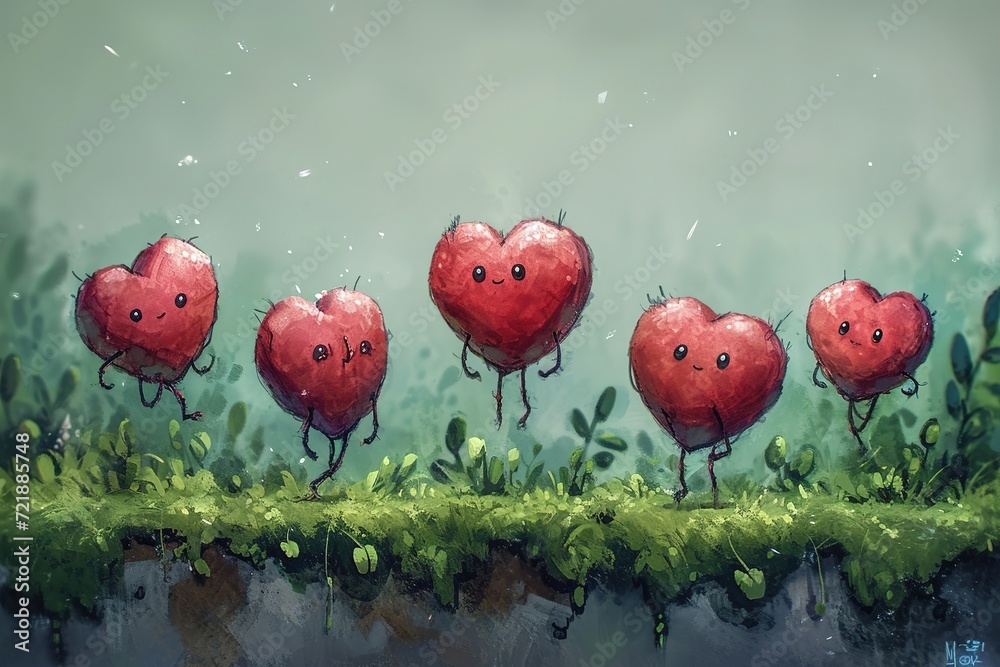 Cartoon illustration of hearts playing a game of leapfrog with animated ...