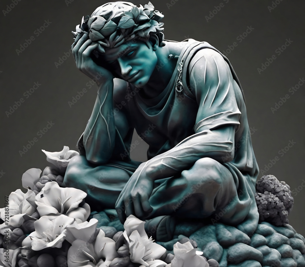 Statue of a sad man with a wreath of olive leaves on his head on a gray ...