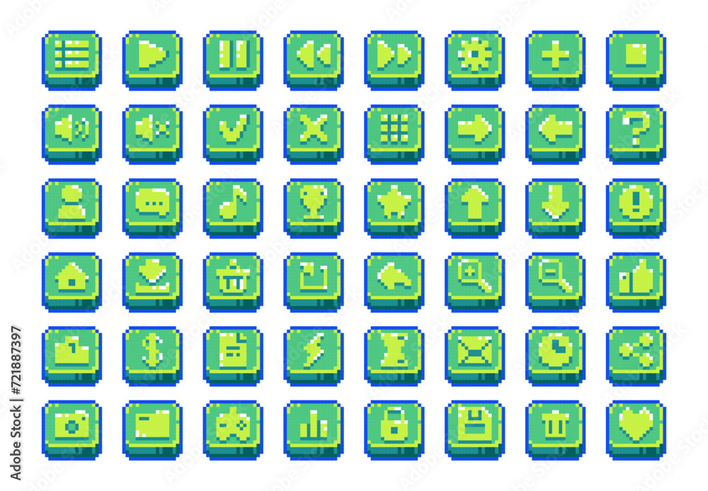 Pixel art UI Interface Icons and Buttons. Retro 8-bit Symbols of Play ...