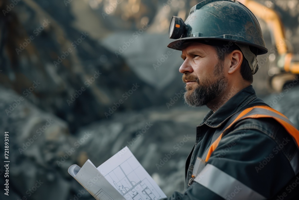 Engineer miner wearing a helmet with blueprints at the mining site ...