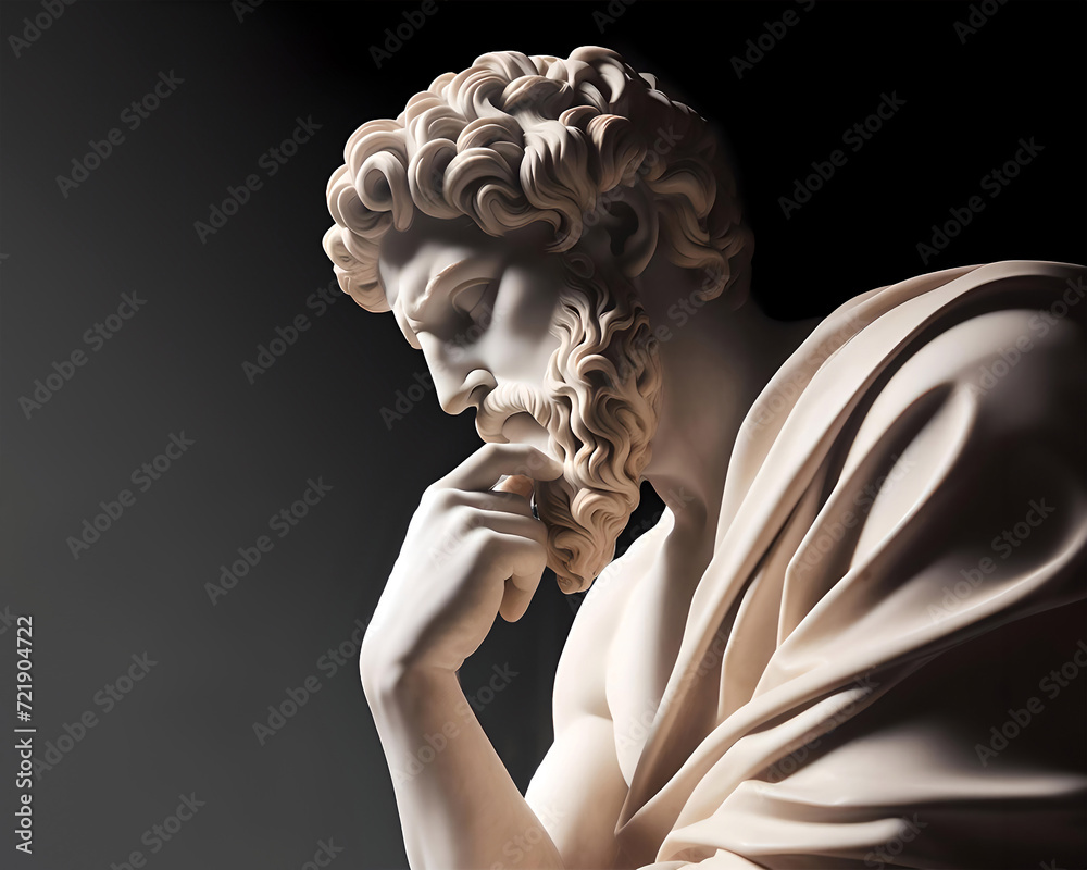 Statue of an ancient stoic philosopher thinking in the darkness. Black ...
