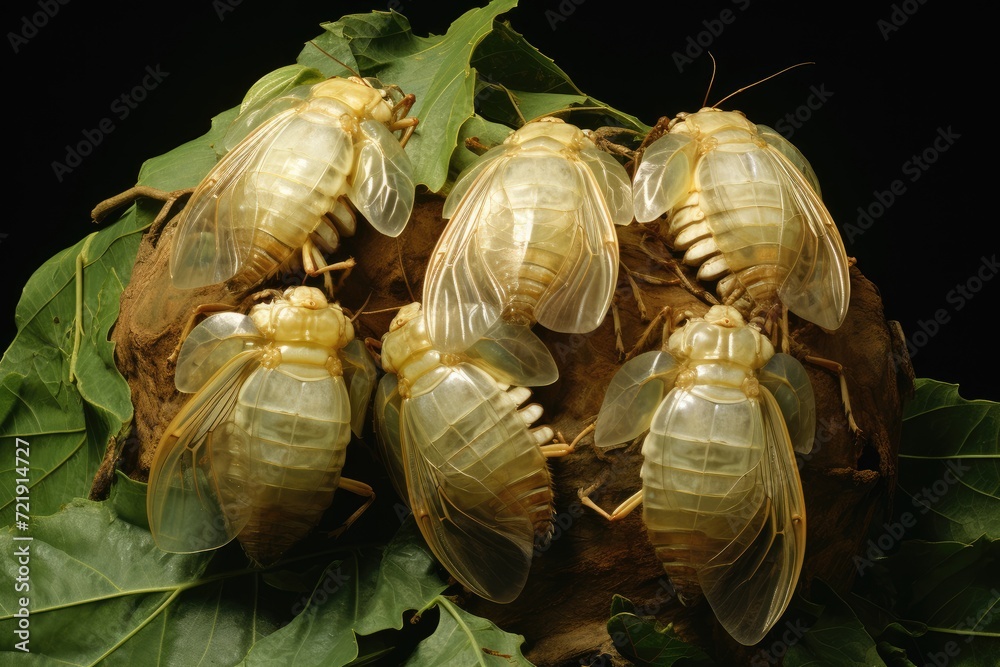 Cicadas emerging from their shells in synchronized harmony. Stock Photo ...