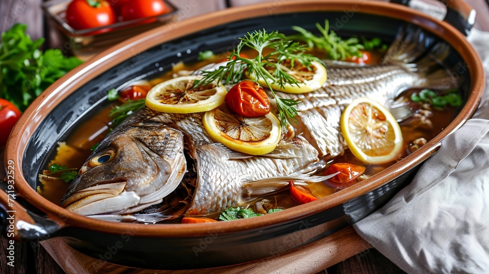 This dish features braised swordfish and a high-resolution image. Stock ...