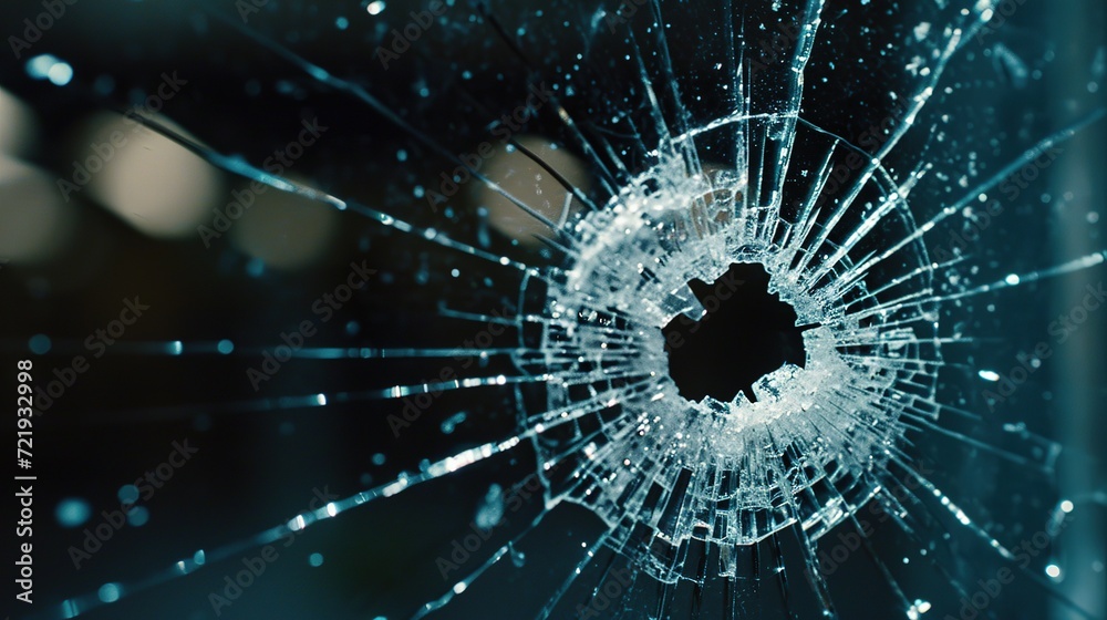 Hole in the broken window glass by a bullet shot. Circular cracks ...
