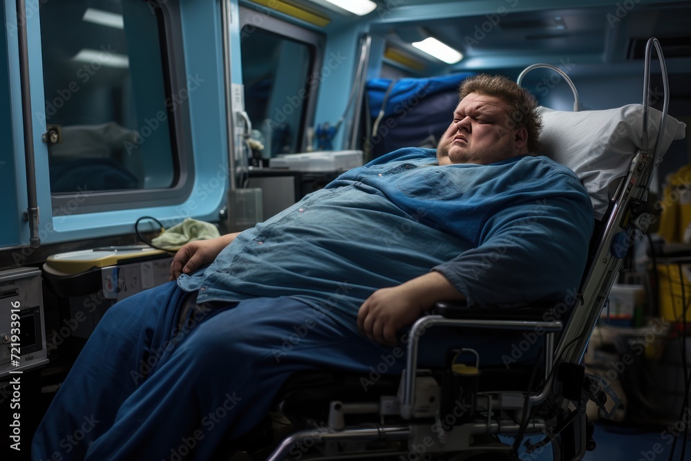 Fat man in wheelchair suffering from stomach ache at hospital ward. The ...