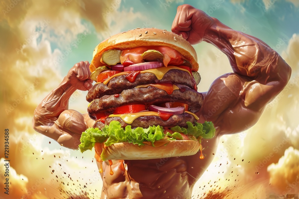 A beefy man proudly shows off his strength while indulging in a juicy ...