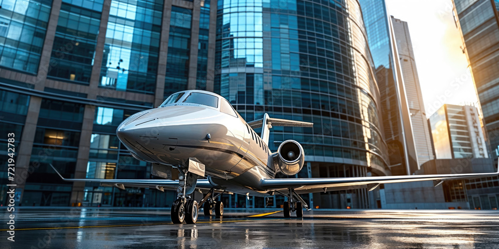 A private jet is prominently positioned on an urban tarmac with ...