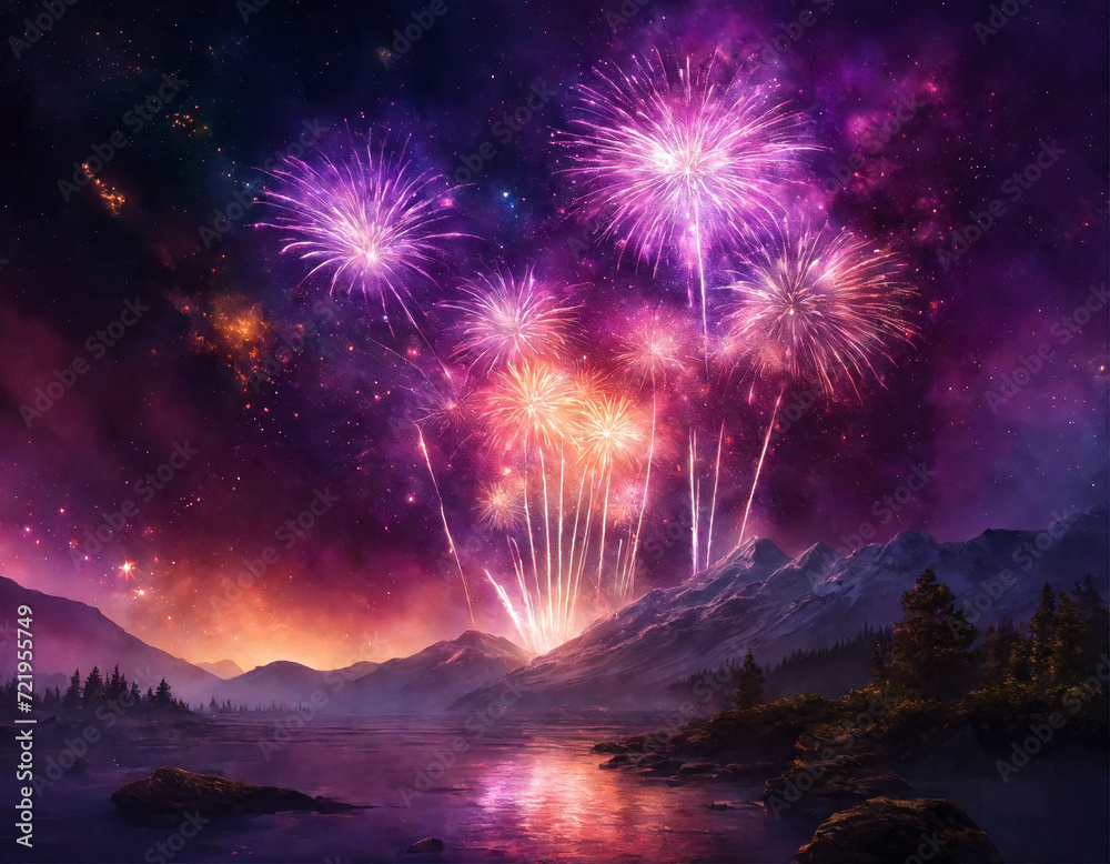 Purple holiday fireworks background with sparks, colored stars and ...
